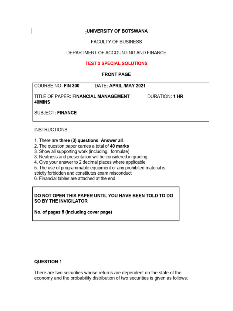 FIN 300 TEST 2 2021 Special - Solutions (2) .Docx..Final | Download ...