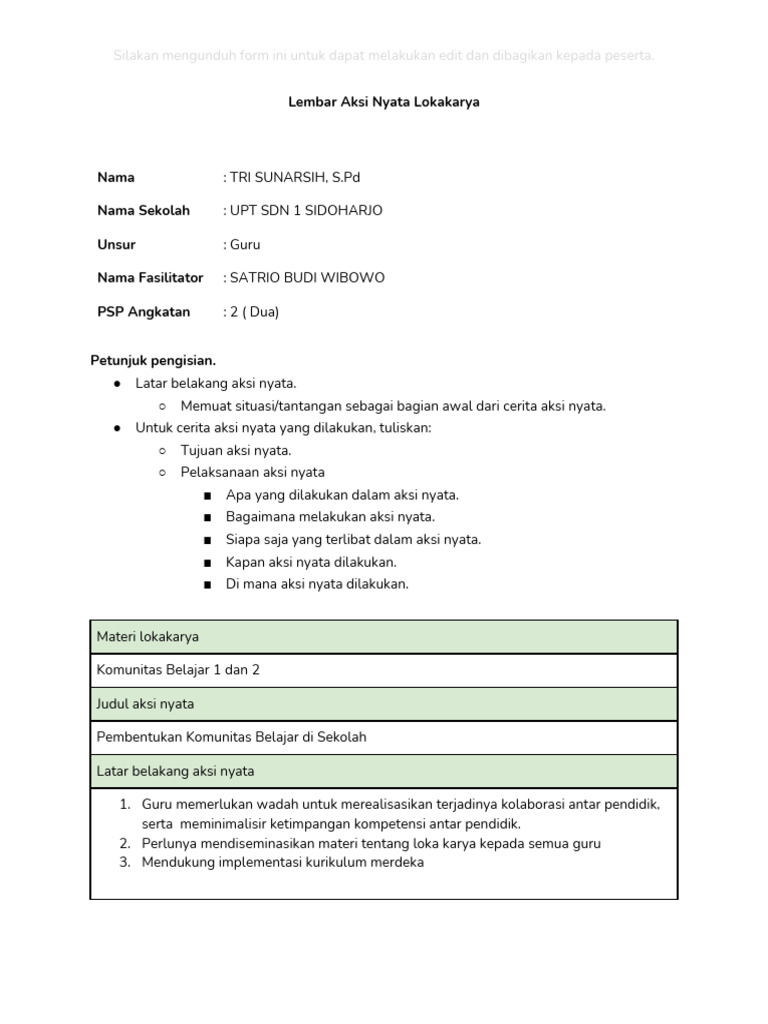 Lembar Aksi Nyata Lokakarya (Kombel) Tri | PDF
