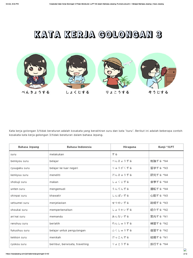 Kosakata Kata Kerja Golongan 3 - Tidak Beraturan JLPT N5 Dalam Bahasa Jepang (Fukisokudoushi) 2 ...