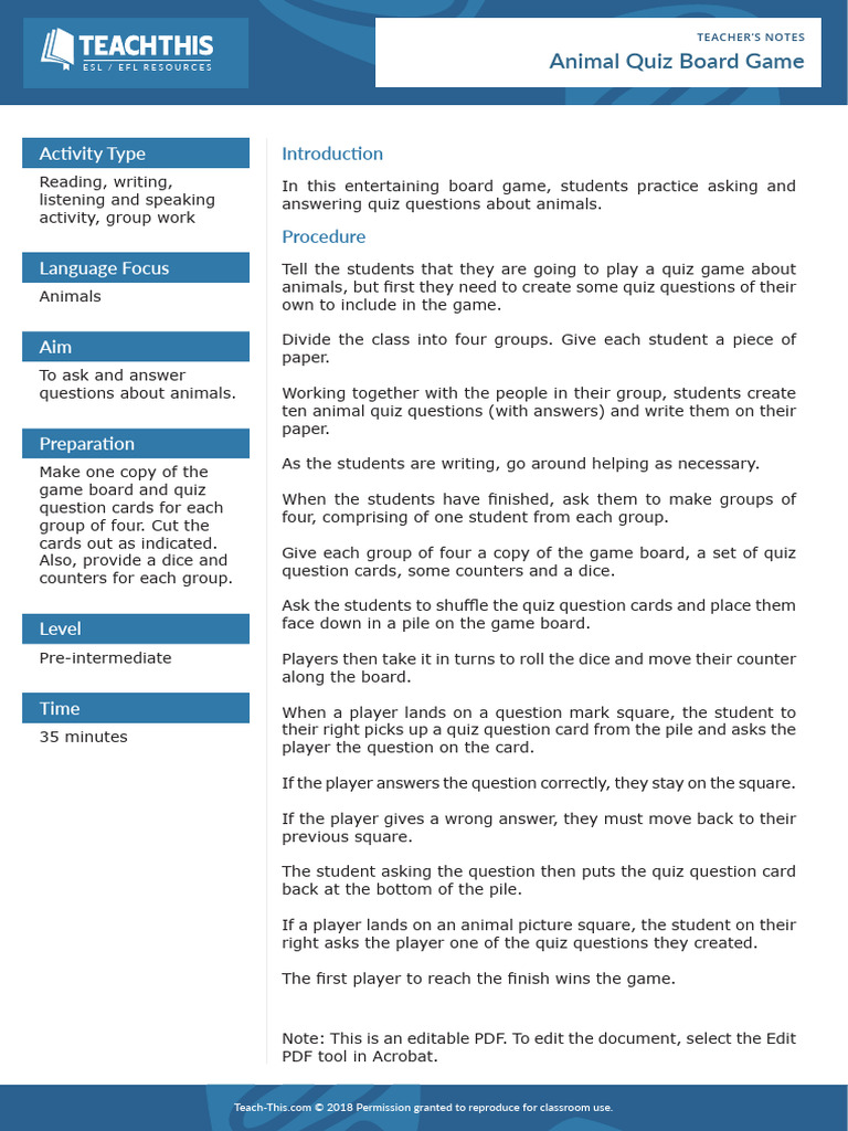 Animal Quiz Board Game | Download Free PDF | Zoology