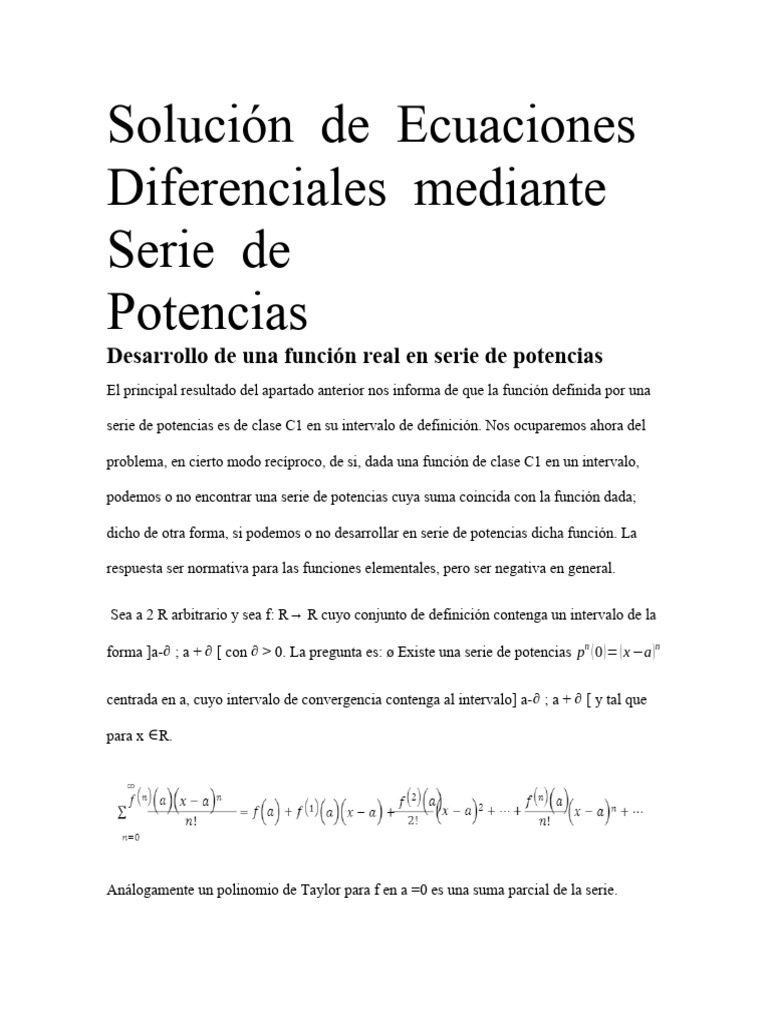 Solución de Ecuaciones Diferenciales Mediante Serie de | PDF | Serie de potencia | Matemáticas