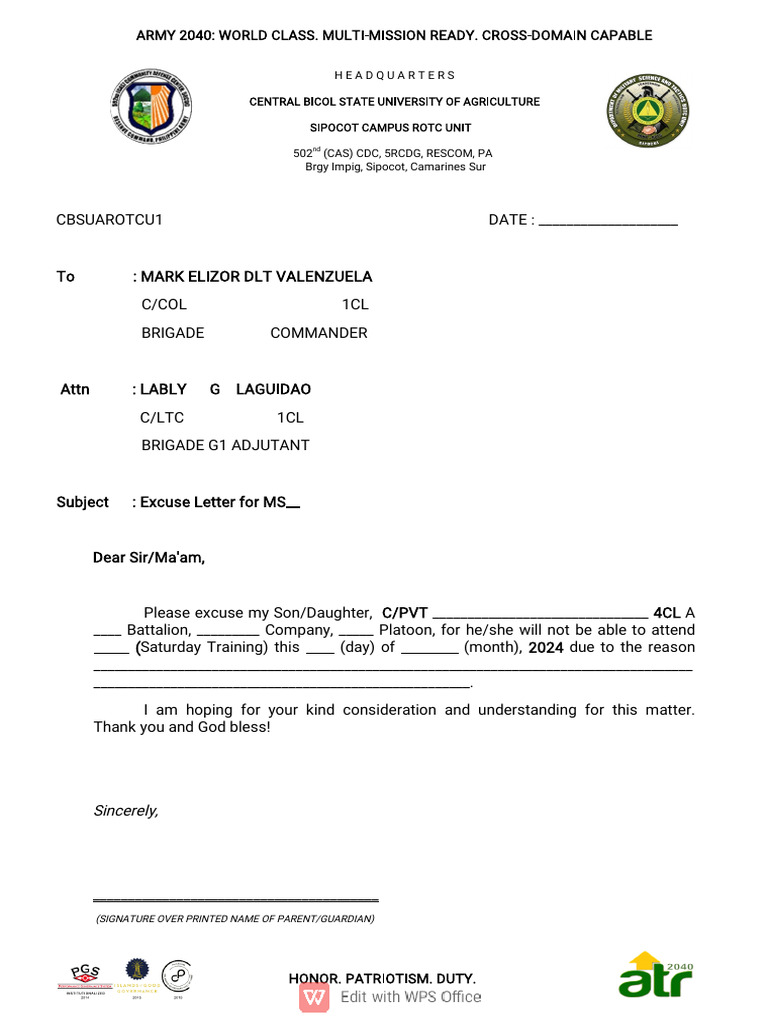 Cbsua Sipocot Rotc Unit Excuse Letter g1 | PDF
