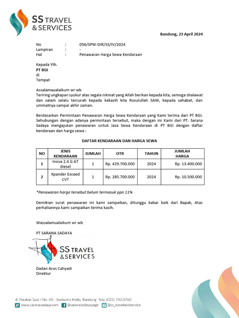 Surat Penawaran Harga Sewa Kendaraan PT BGI | PDF