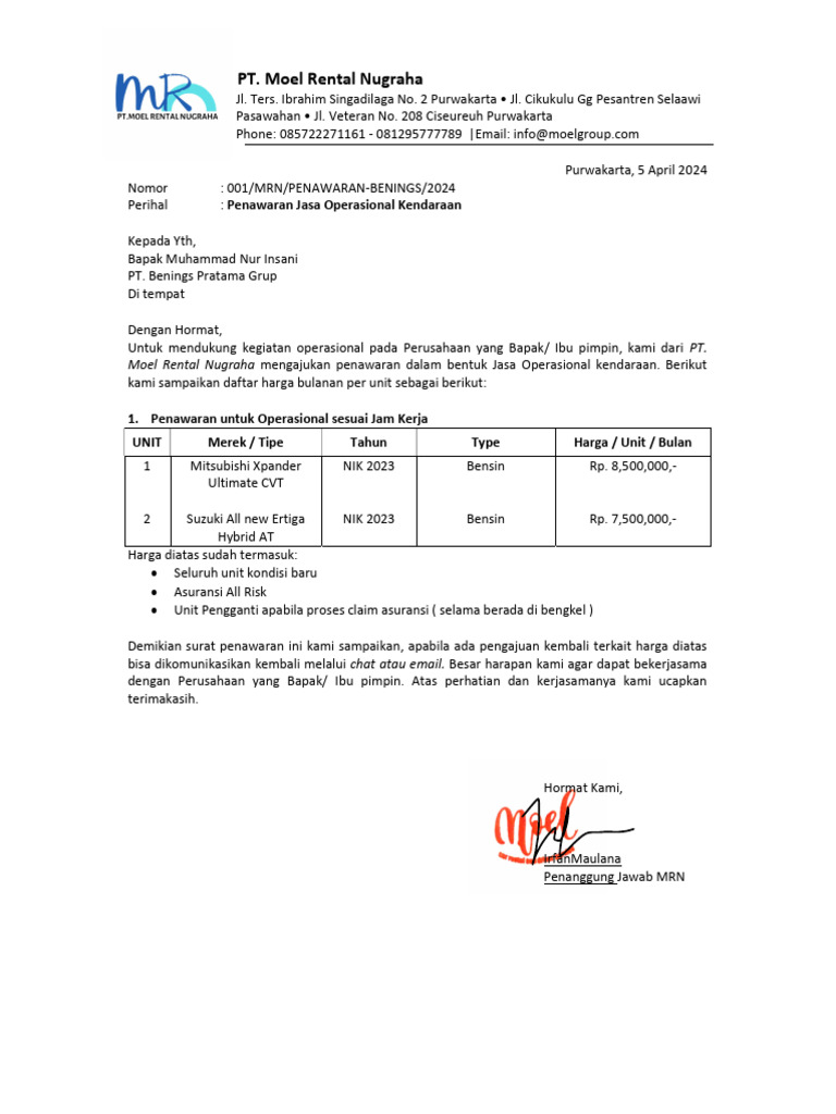 Penawaran Sewa Mobil PT Benings Pratama Grup | PDF