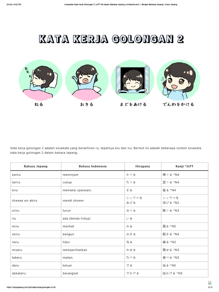Kosakata Kata Kerja Golongan 2 JLPT N5 Dalam Bahasa Jepang (Ichidandoushi) - Belajar Bahasa ...
