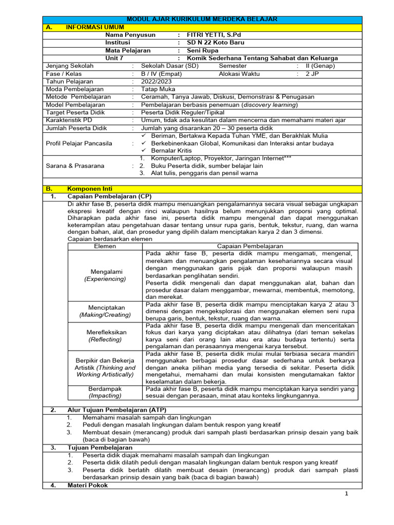 F. Modul Ajar Seni Rupa KLS Iv SMS 2 | PDF | Seni