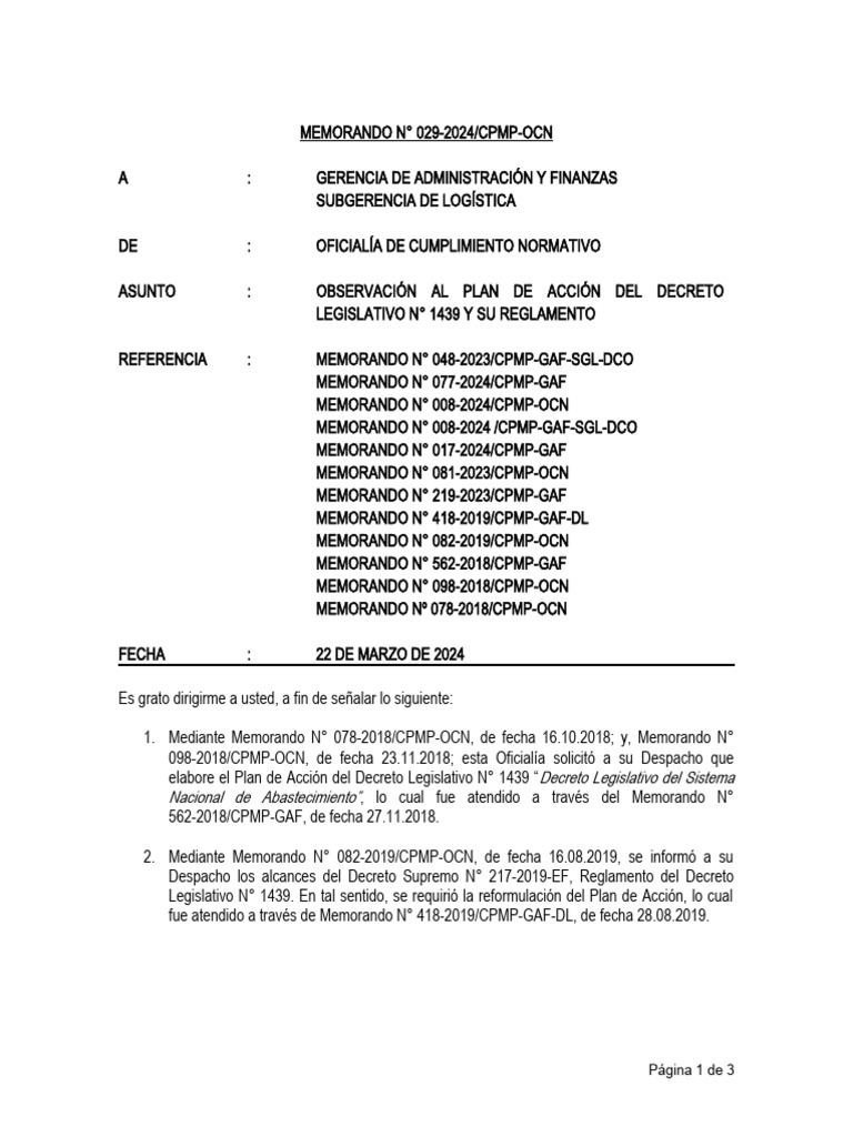 Memo 029-2024, GAF, SGL, Observación Al Plan de Acción Del DL 1439 y Su Reglamento | PDF | Gobierno