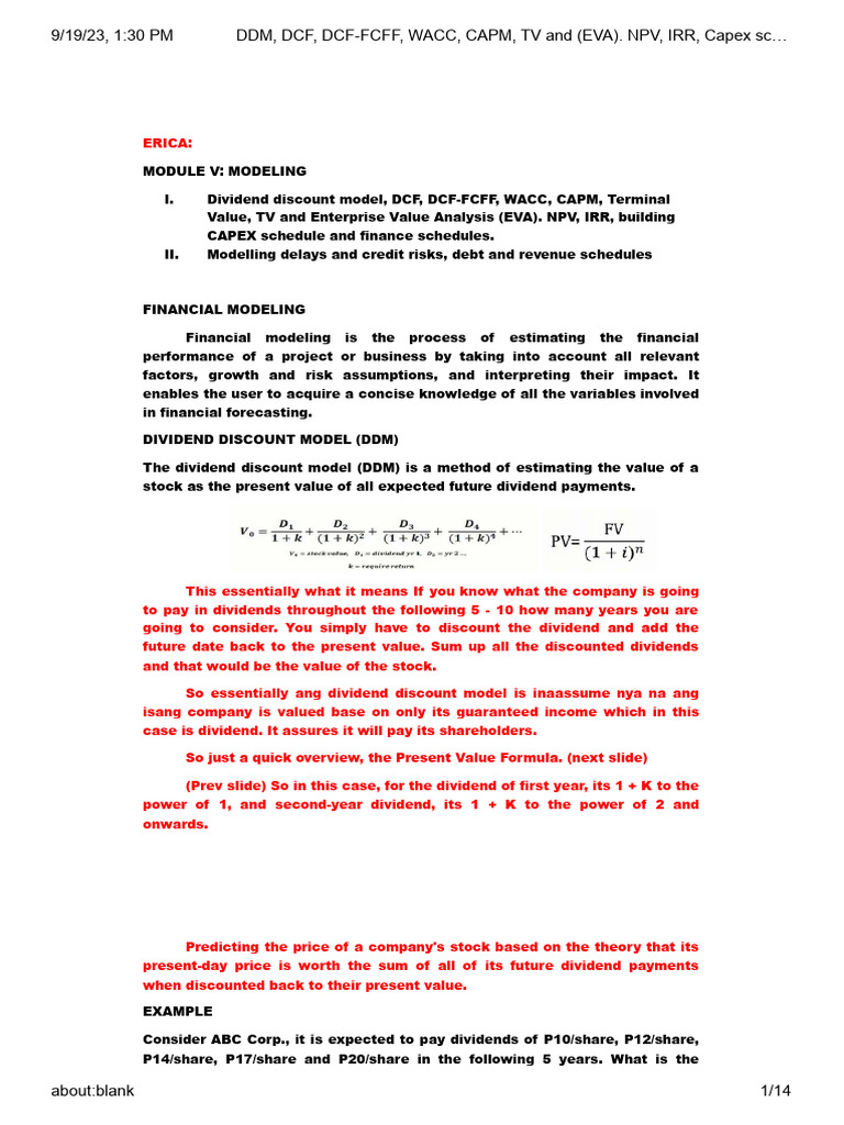 DDM DCF DCF FCFF WACC CAPM TV and EVA. NPV IRR Capex Sched Notes | PDF ...