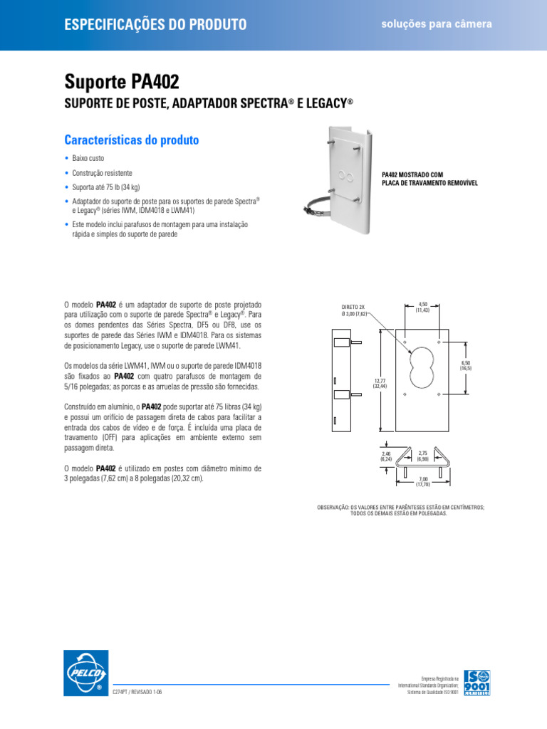 SUPORTE DOME PA402 Mount Specification Sheets Portuguese 1-1-06 | PDF | Tecnologia e Engenharia