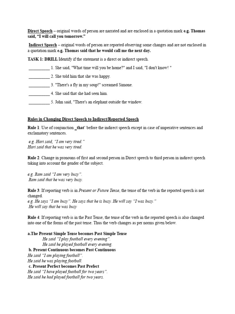 Direct vs Indirect Speech Guide | PDF | Verb | Grammatical Tense