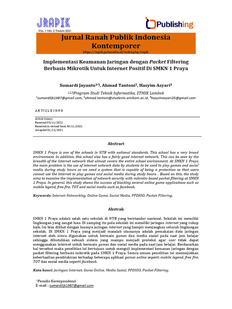 Implementasi Keamanan Jaringan Dengan Packet Filtering Berbasis Mikrotik Untuk Internet Positif ...