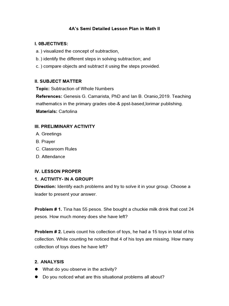 MATH LESSON PLAN 4as | PDF | Subtraction | Mathematics