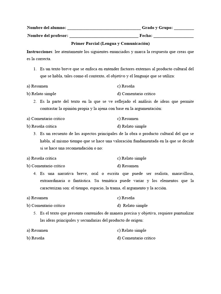 LENGUA Y COMUNICACION EXAMEN 1ER PARCIAL | PDF | Sumario abstracto) | Autor