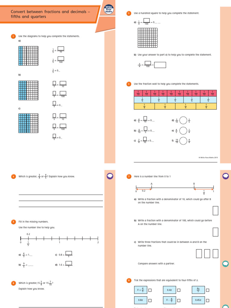 Y7 Autumn Block 5 WO5 Convert Between Fractions and Decimals Fifths and ...