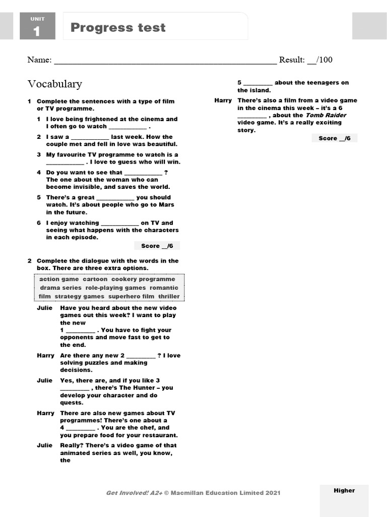 Progress Test: Vocabulary & Grammar Skills | PDF | Video Games ...