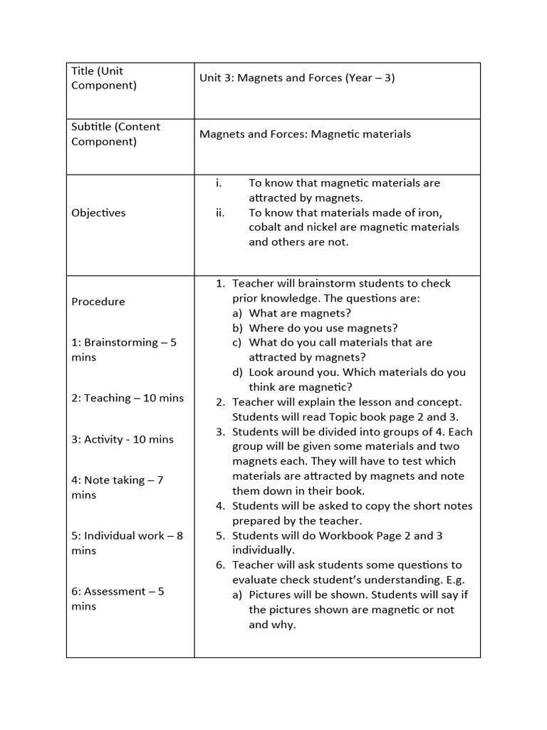 Magnets and Forces: Year 3 Lesson Plan | PDF