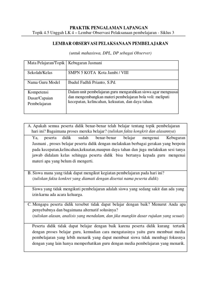 Topik 4.5 Unggah LK 4 - Siklus 3 - Lembar Observasi Pelaksanaan Pembelajaran | PDF