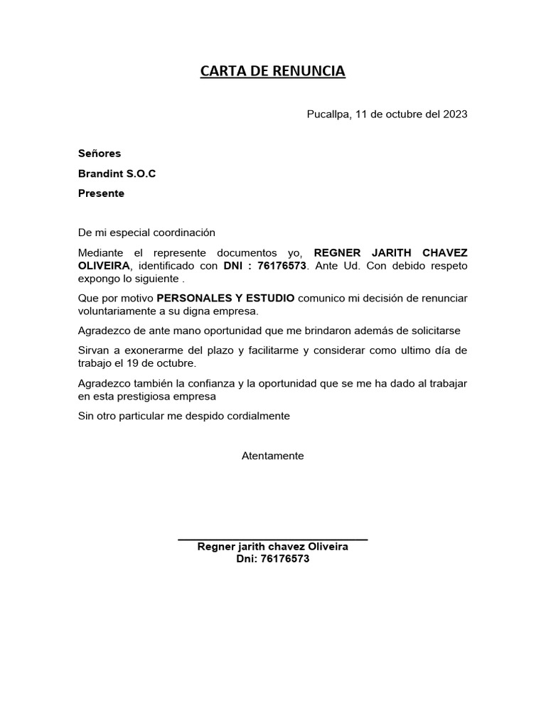 Renuncia de Regner Chávez en Brandint | PDF