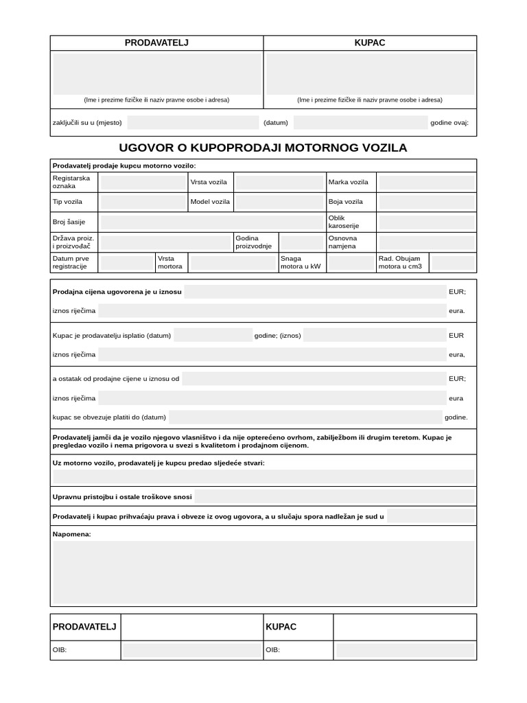 Ugovor o Kupoprodaji Motornog Vozila | PDF