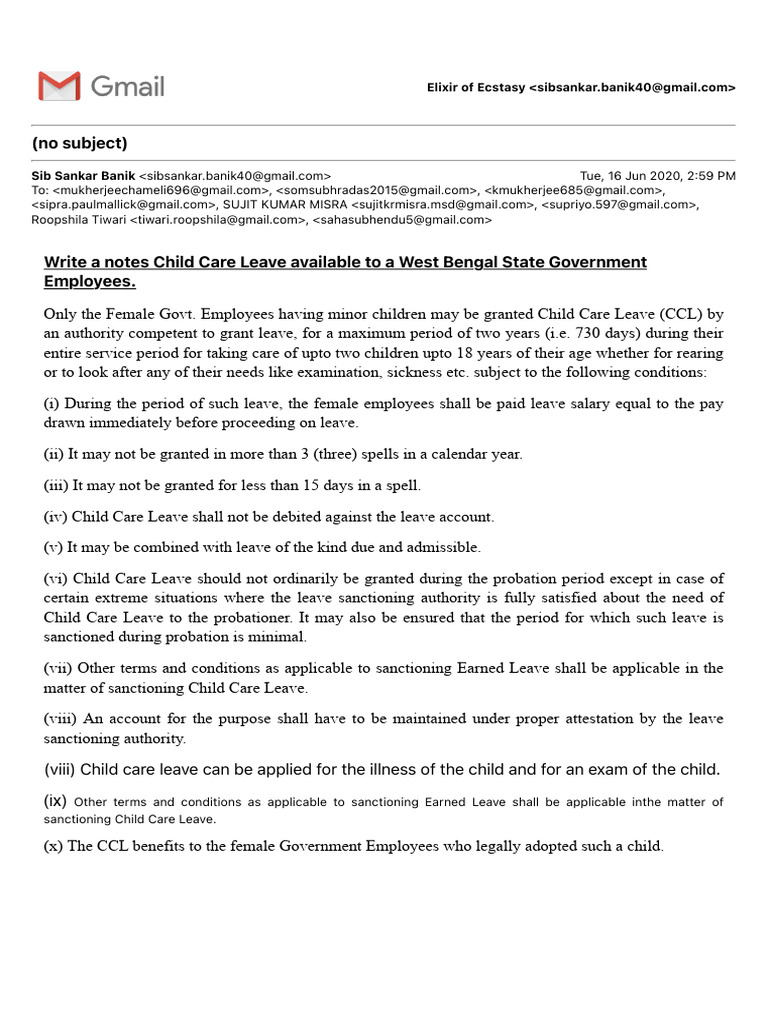 Child Care Leave Rules for WB Employees | PDF