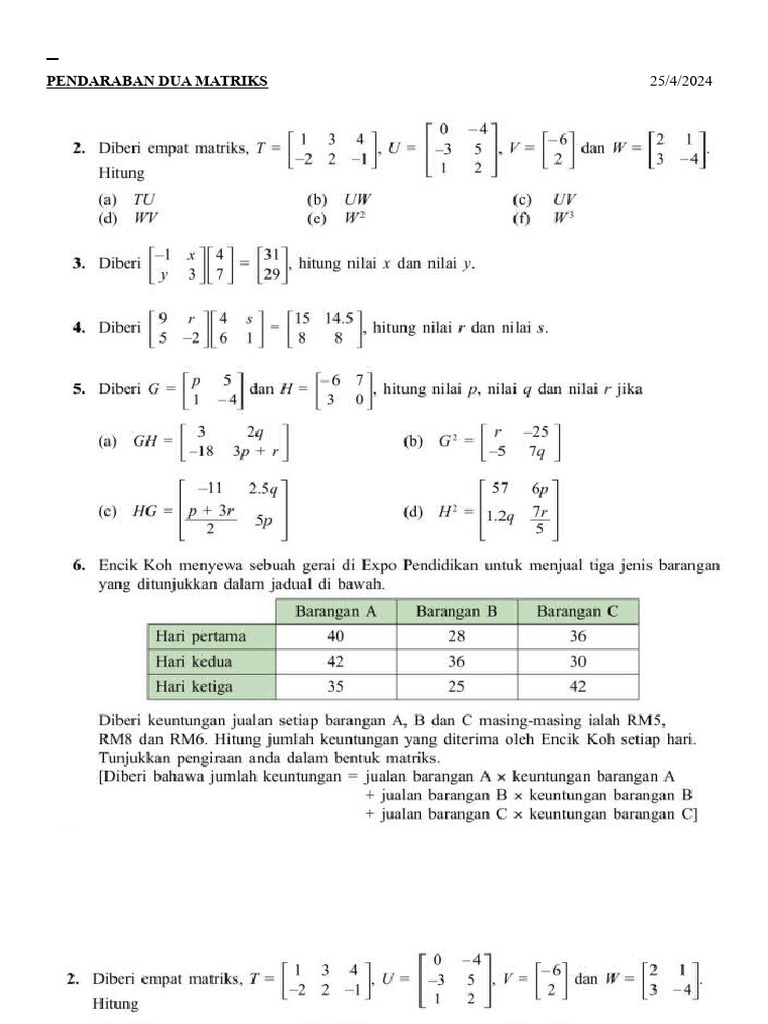 Latihan PENDARABAN DUA MATRIKS | PDF