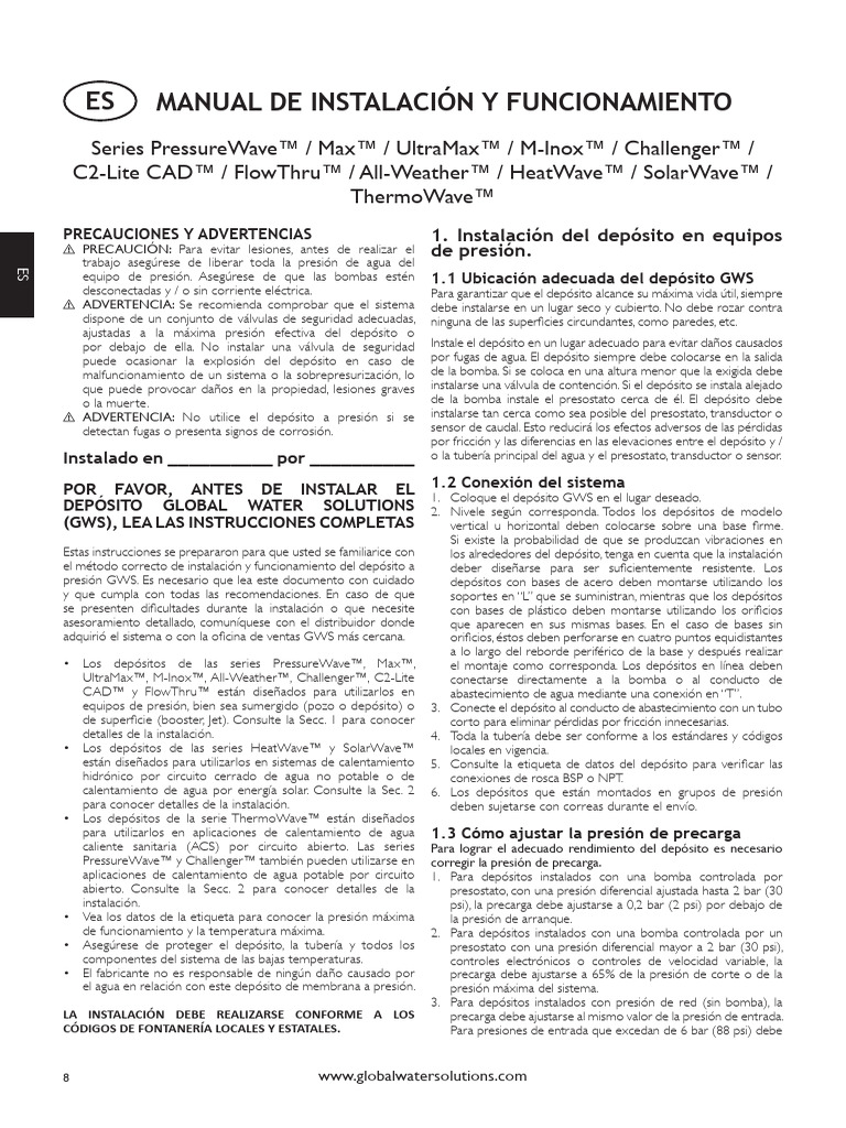 GWS-tank-manual-ES Hidroflo | PDF | Bomba | Equipo