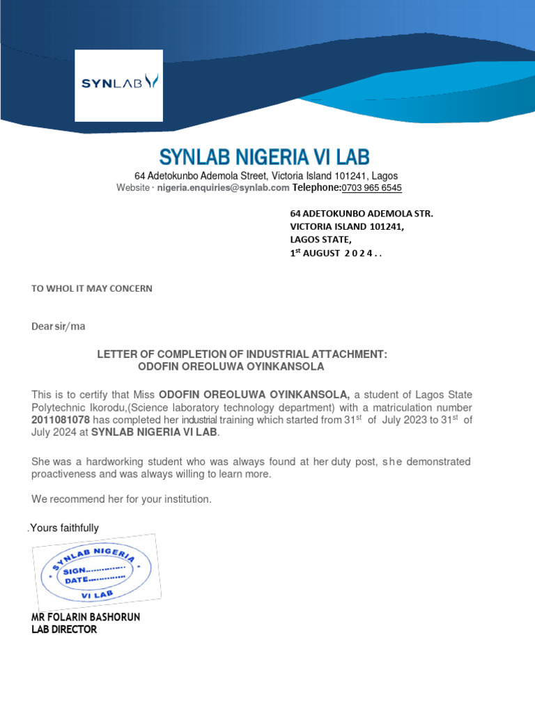 Completion Letter for Odo Fin Oreoluwa | PDF