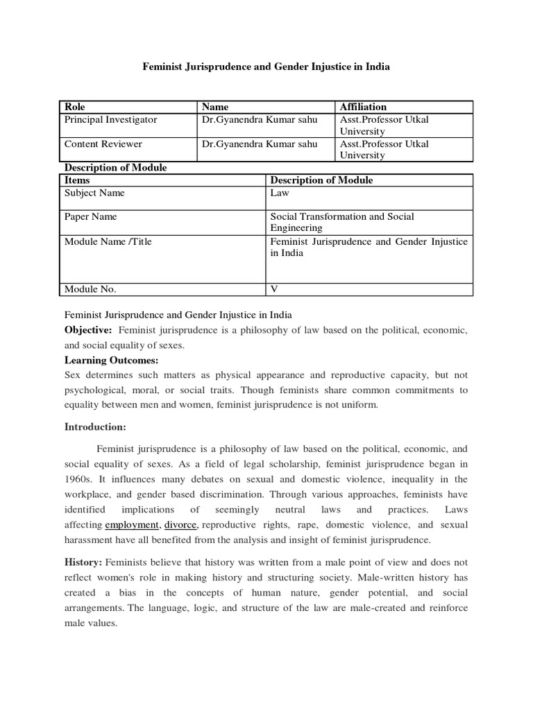 Feminist Jurisprudence and Gender Injustice in India | PDF | Feminism | Gender Studies
