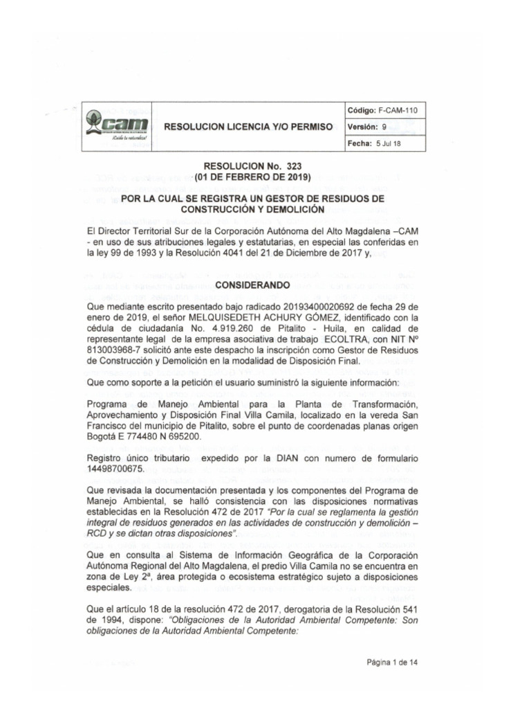 2.2. Resolucion 323. Gestor RCD (1 Febrero 2019) | PDF