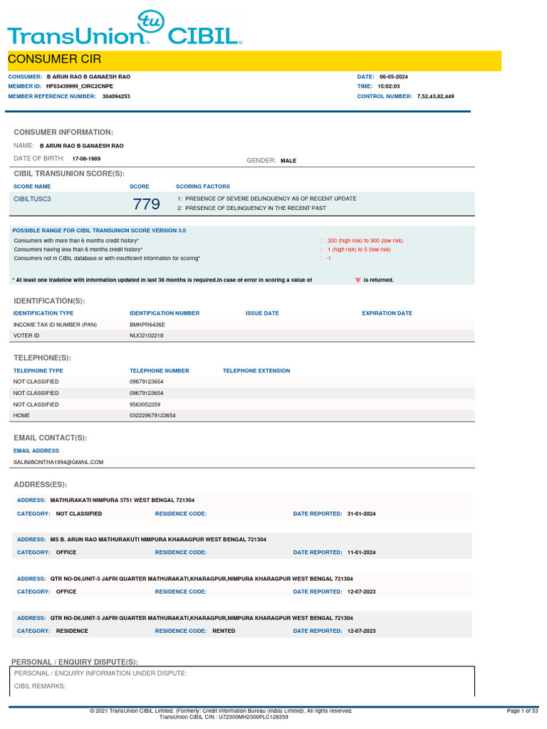 CIBIL Report: B Arun Rao's Credit Score | PDF | Loans | Credit