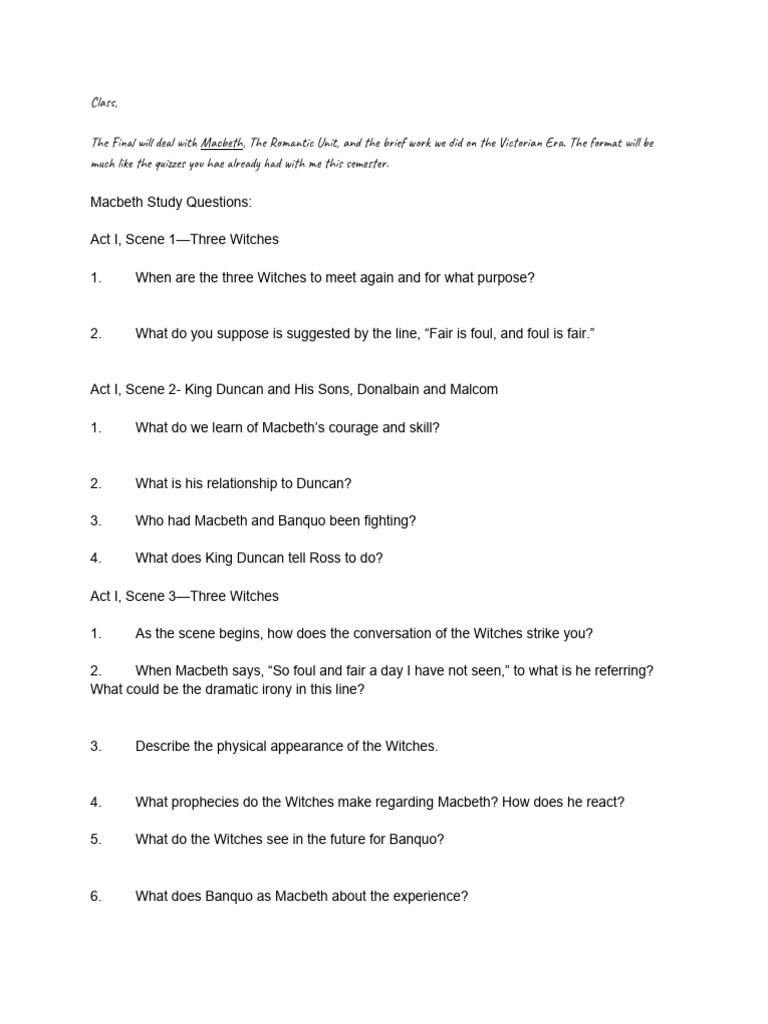 Macbeth Study Guide Questions | PDF | Macbeth