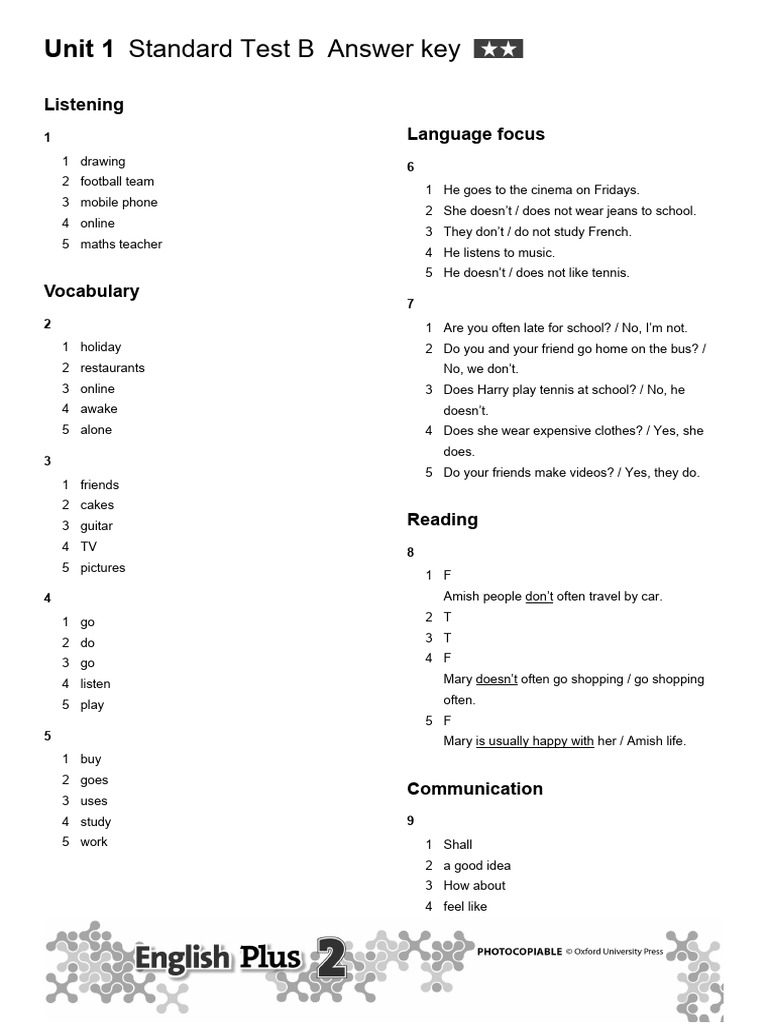Student Test Answer Key | PDF