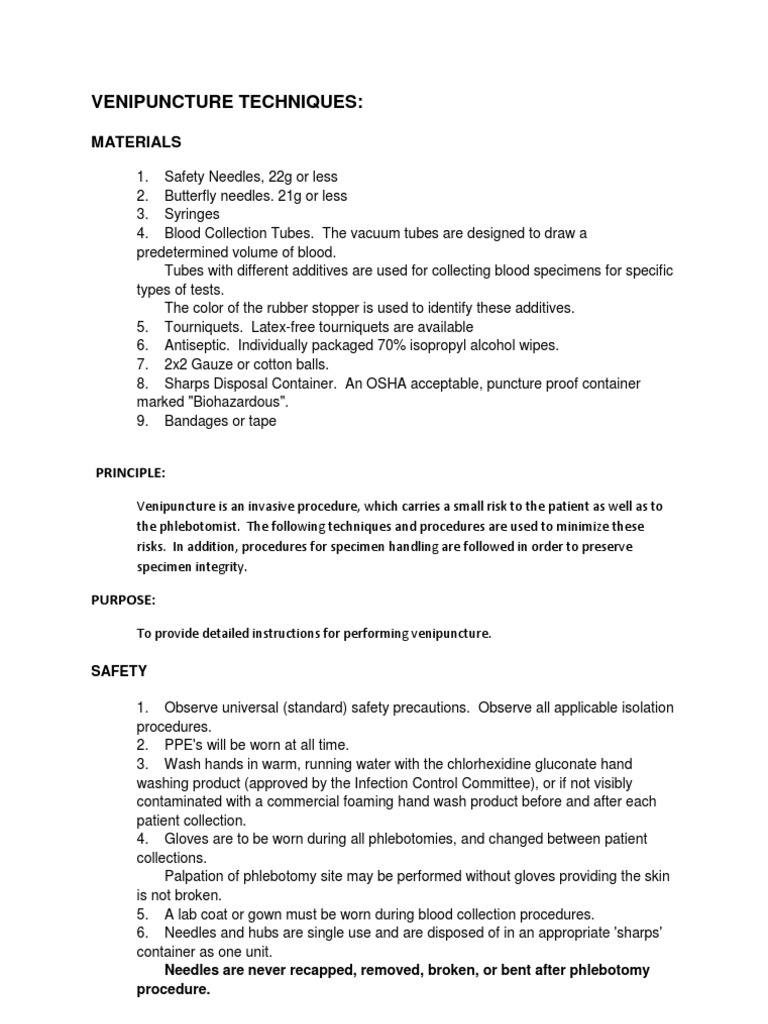 Venipuncture Techniques:: Materials | PDF | Intravenous Therapy | Medical Specialties