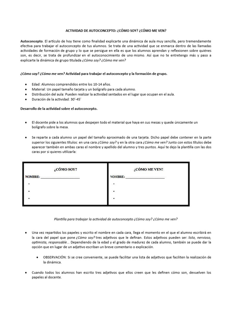 Actividad de Autoconcepto | PDF