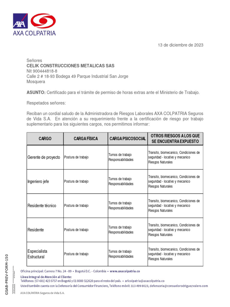Certificación Horas Extras - Celik | PDF