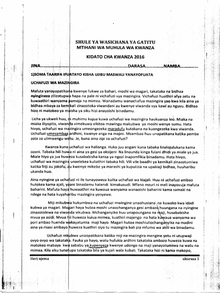 kiswahili kidato cha kwanza -1 | PDF