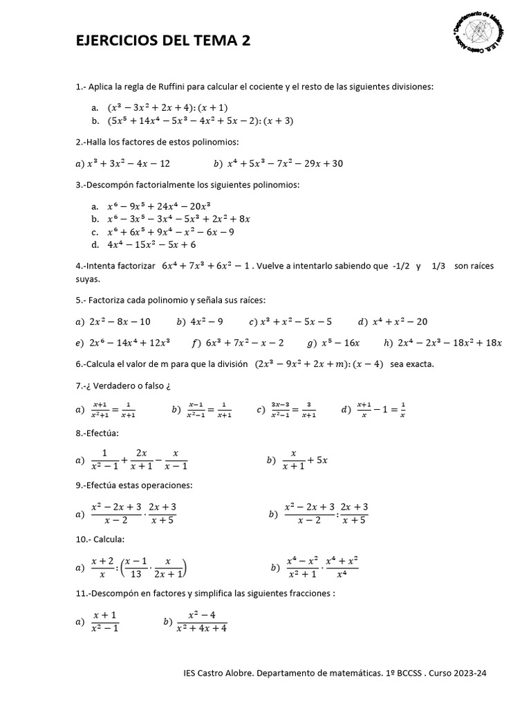 Ejercicios Matemáticas 1º BCCSS | PDF | Factorización | Matemática ...