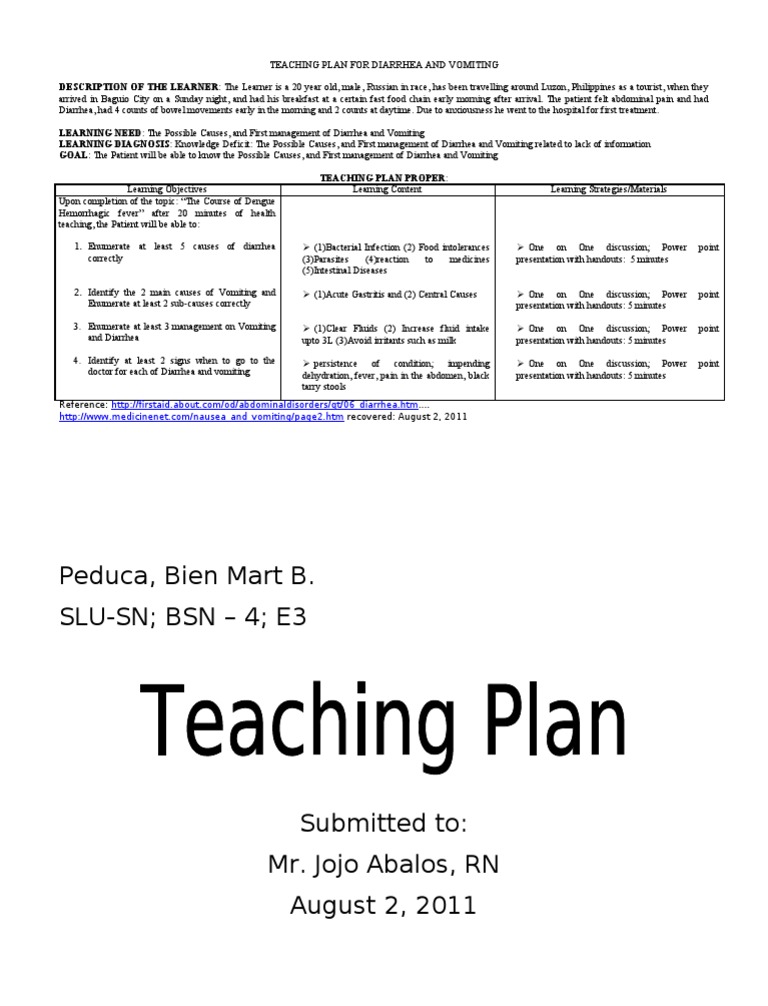 Teaching Plan For Diarrhea | PDF | Vomiting | Diarrhea