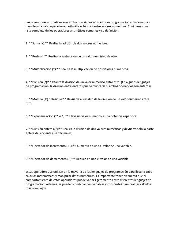 Operadores Aritmeticos | PDF | División (Matemáticas) | Sustracción
