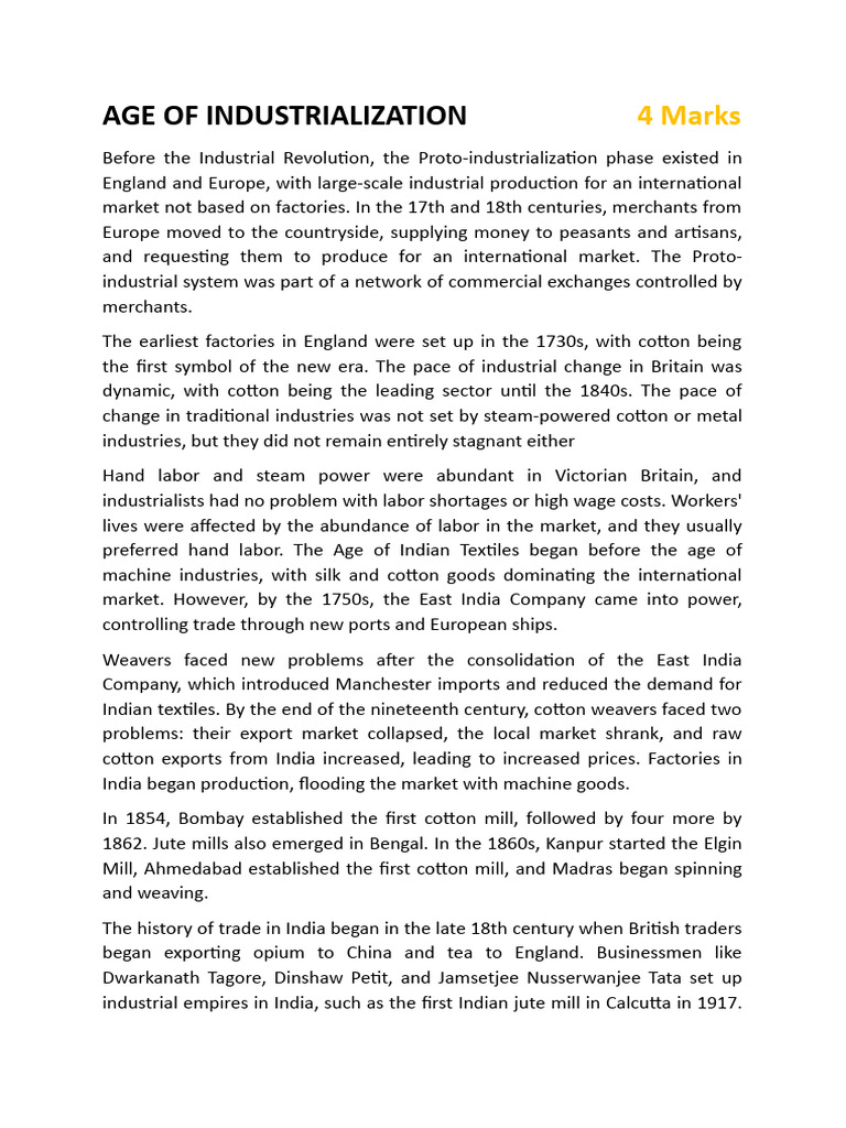 AGE OF INDUSTRIALIZATION 4 Marks | PDF | Cotton | Weaving