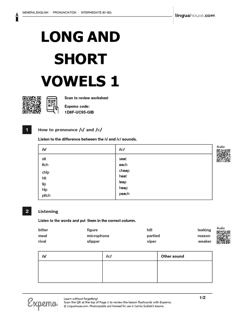 Long and Short Vowels 1 British English Student | Download Free PDF ...