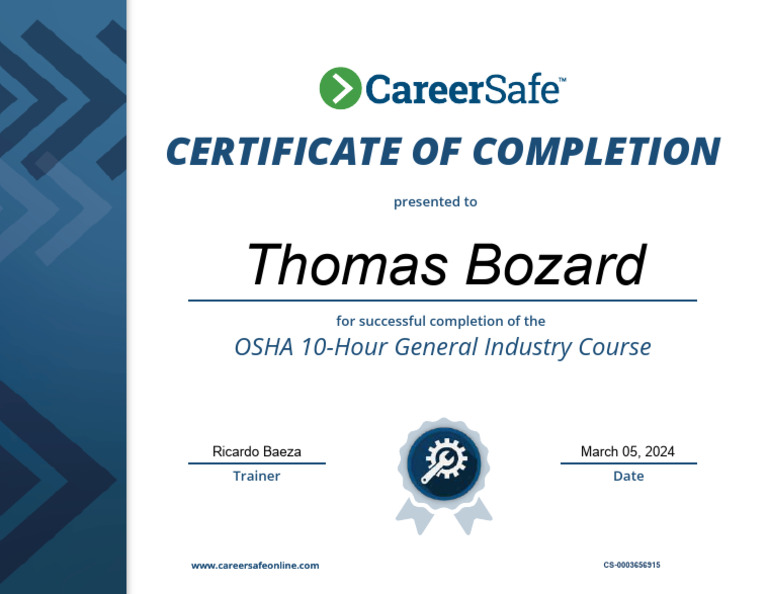 OSHA 10-Hour Course Completion Certificate | PDF