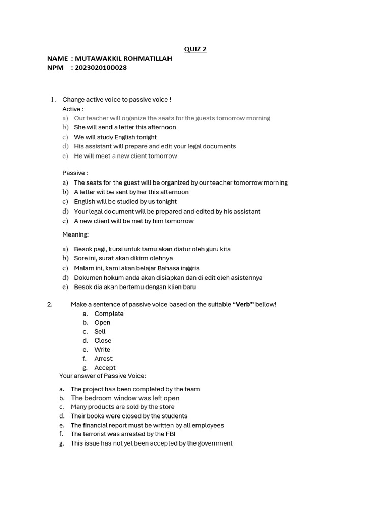 Passive Voice Transformation Quiz | PDF