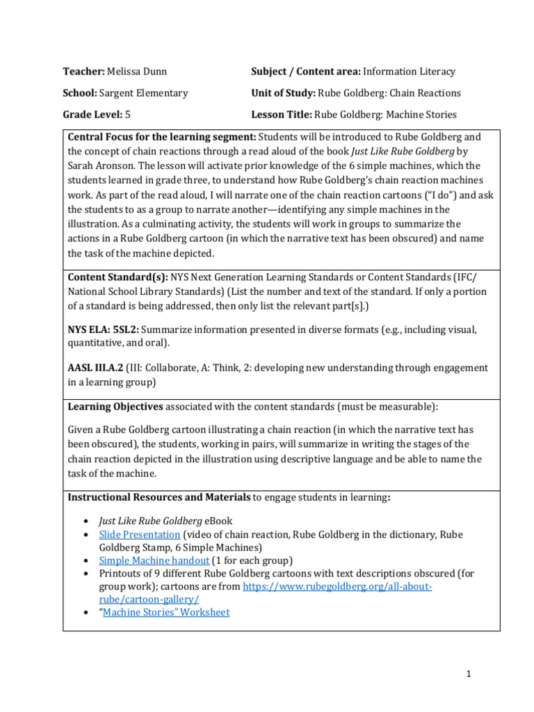 A 2 Lesson Plan 2 Final Rube Goldberg Machine Stories | PDF | Cognitive ...