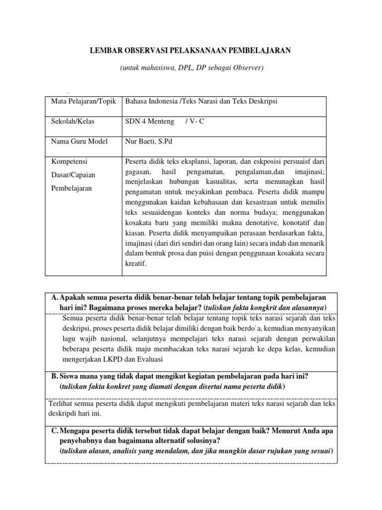Siklus 2 Lampiran 5. LK 4 Format Lembar Observasi Pelaksanaan Pembelajaran Untuk Observer | PDF