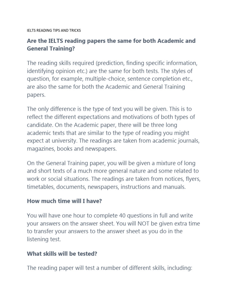 Ielts Reading Tips and Tricks General | PDF | International English ...