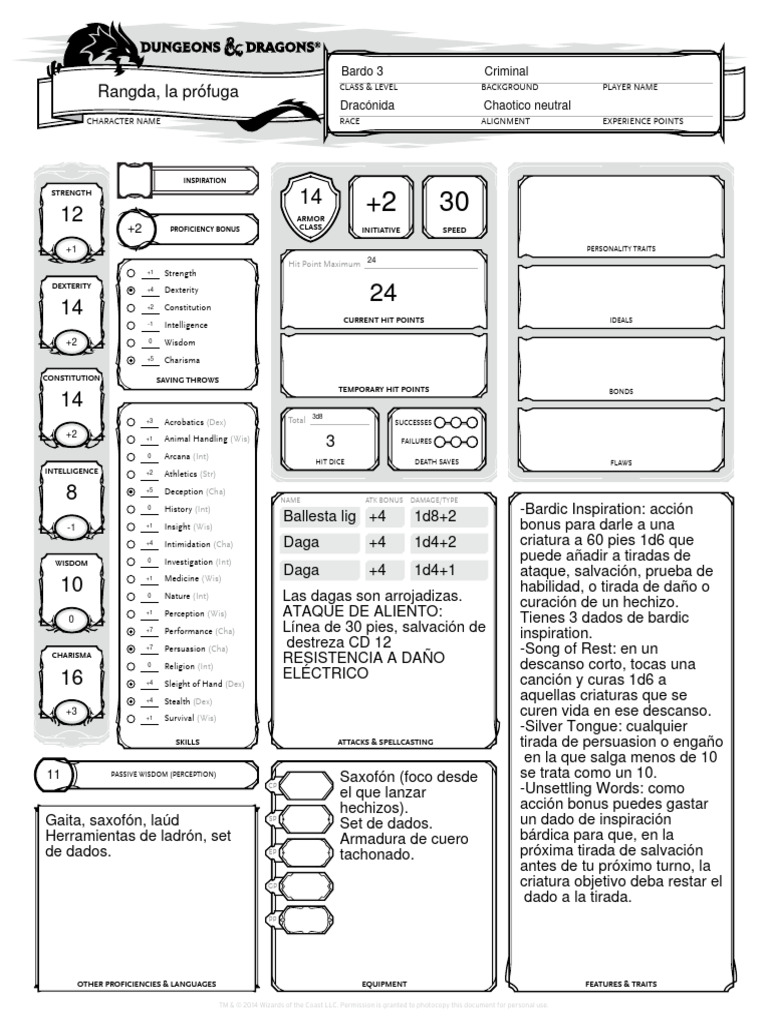 Ficha Bardo Nivel 3 para Oneshots DND | PDF