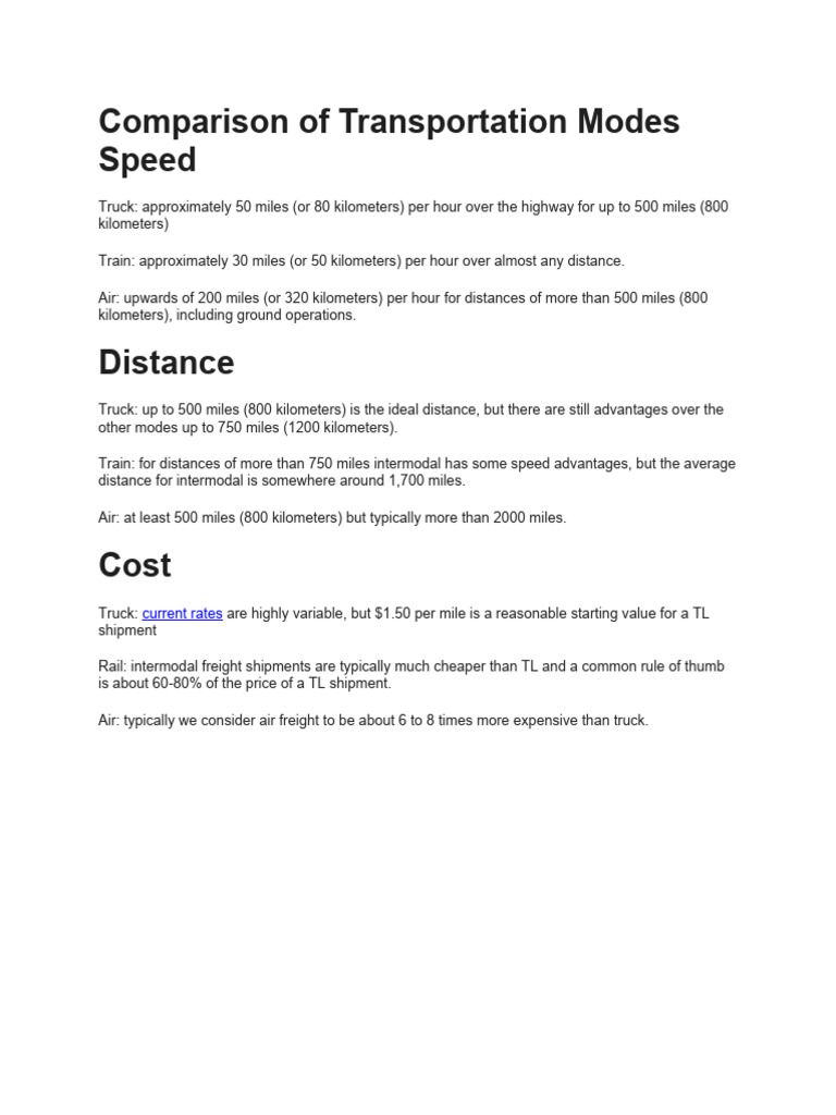 Transport Modes: Speed, Distance, Cost | PDF | Computers | Technology ...