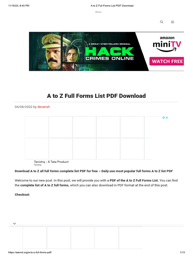 A to Z Full Forms List PDF Download | PDF