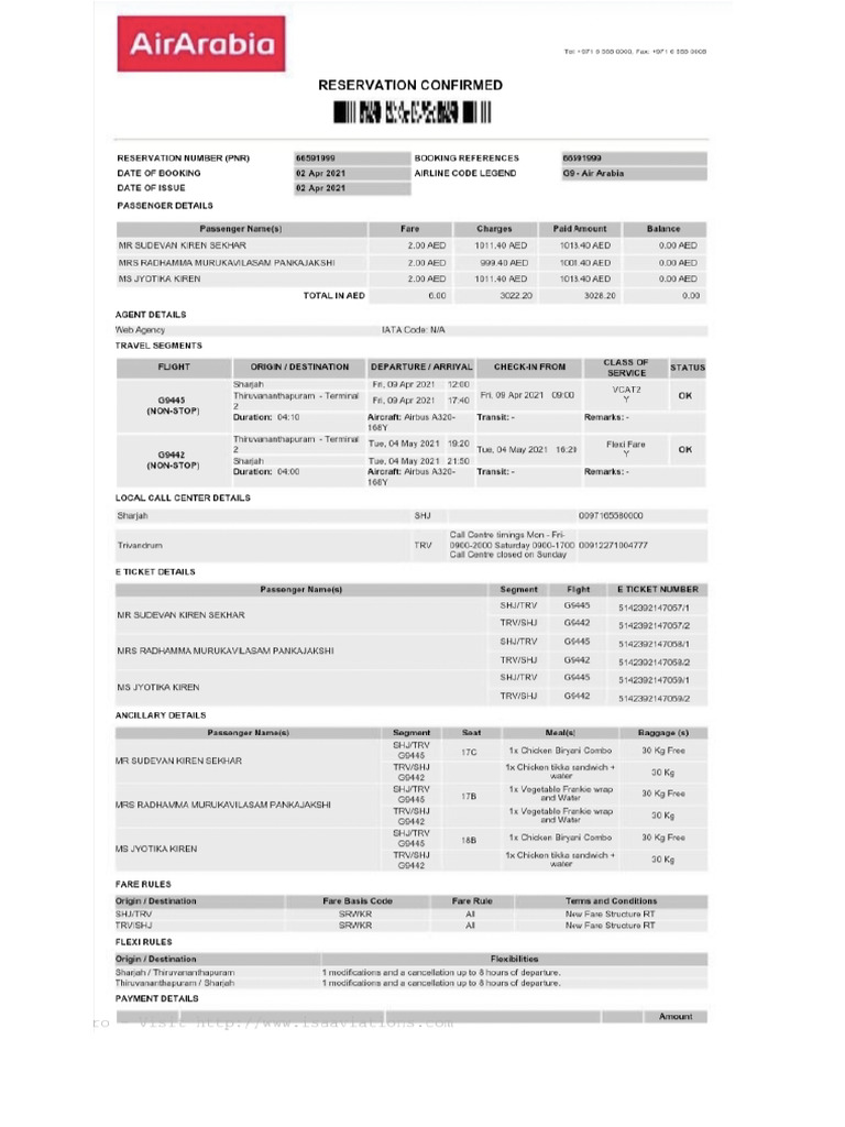 Air Arabia Ticket | PDF